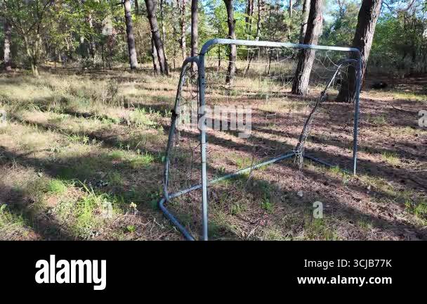 amateur football. football field in the forest. homemade football goals ...