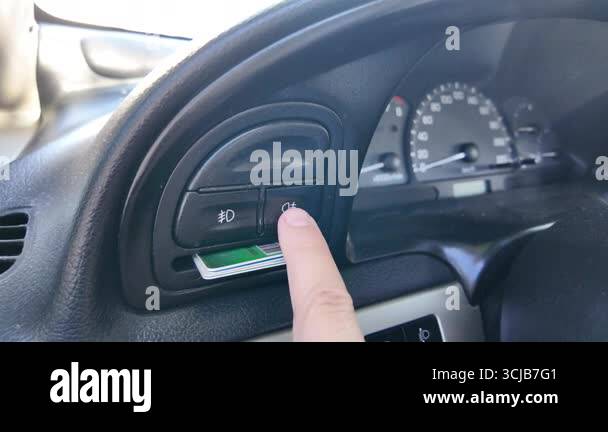 analog car buttons. Man finger pressing play button on vintage tape ...