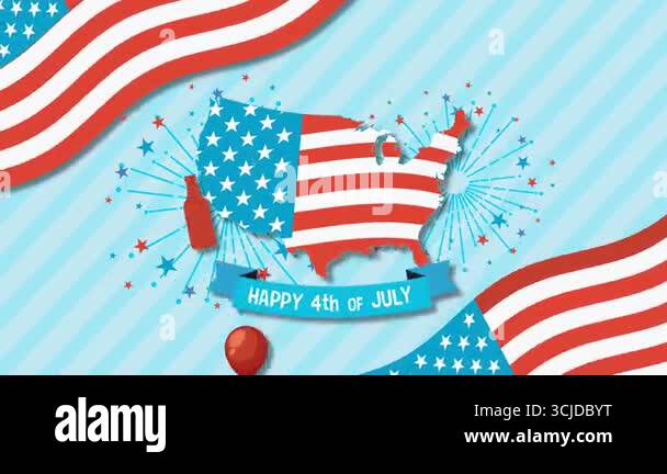 Animated celebration of Independence Day with American flags, fireworks ...
