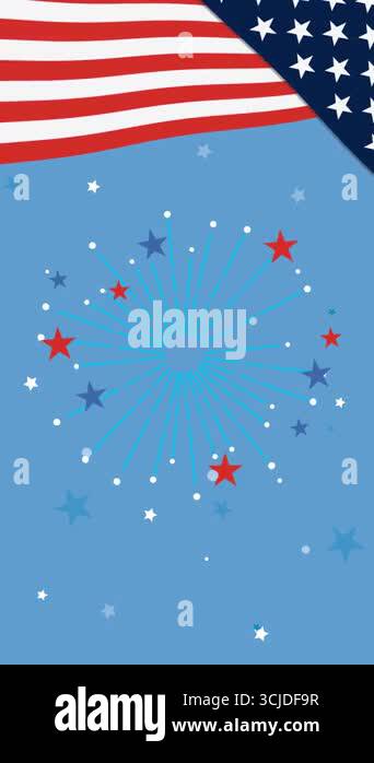 Patriotic animation with fireworks, stars, and American flag elements ...