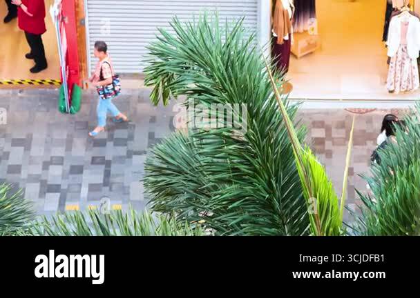 Pedestrians stroll past shops and greenery Stock Video Footage - Alamy
