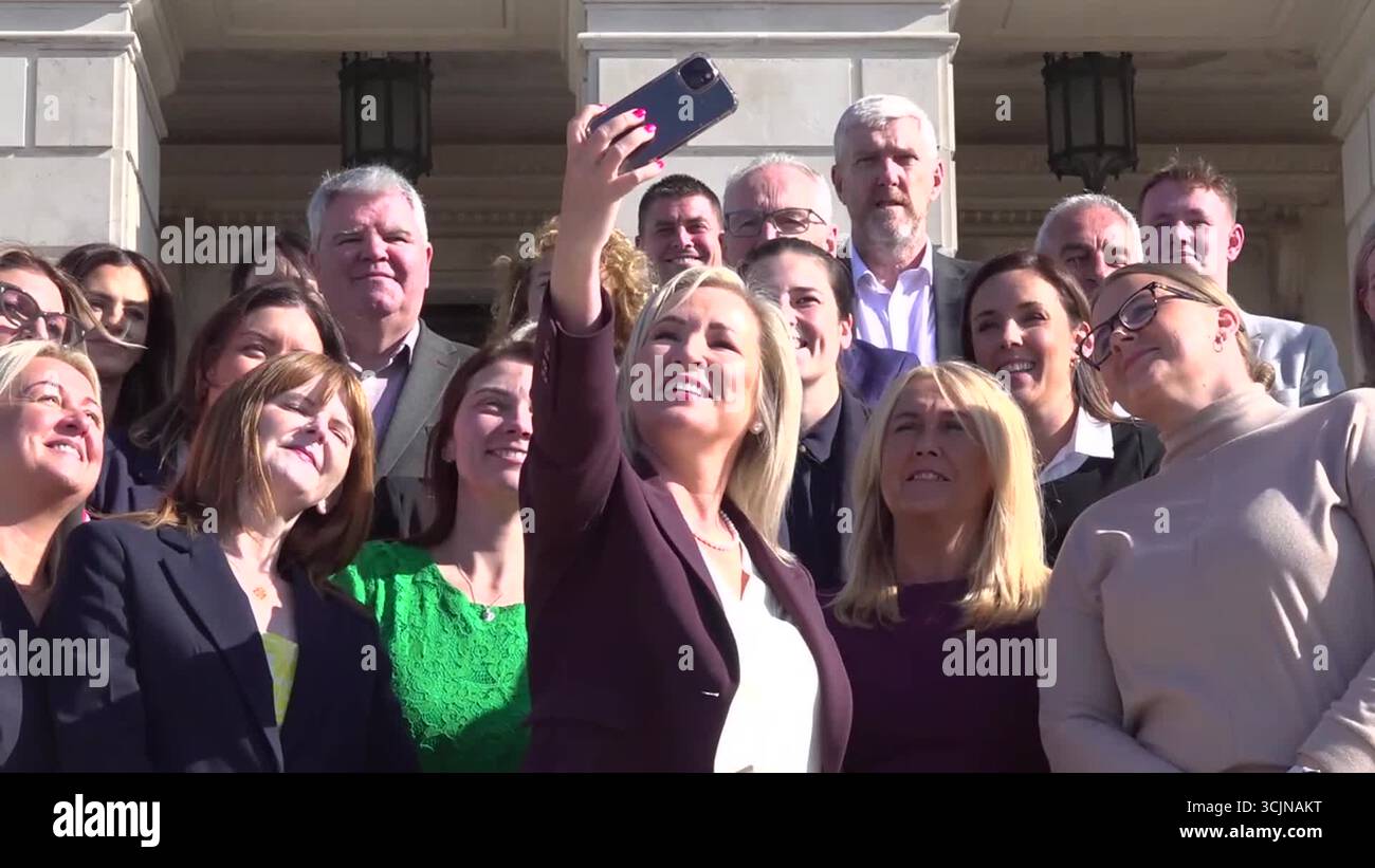 Michelle O'Neill joined by Sinn Fein MLAs outside Stormont as Northern ...