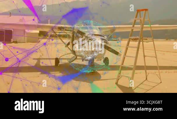 Network lines tracing airplane nose after fading shapes, nodes forming ...