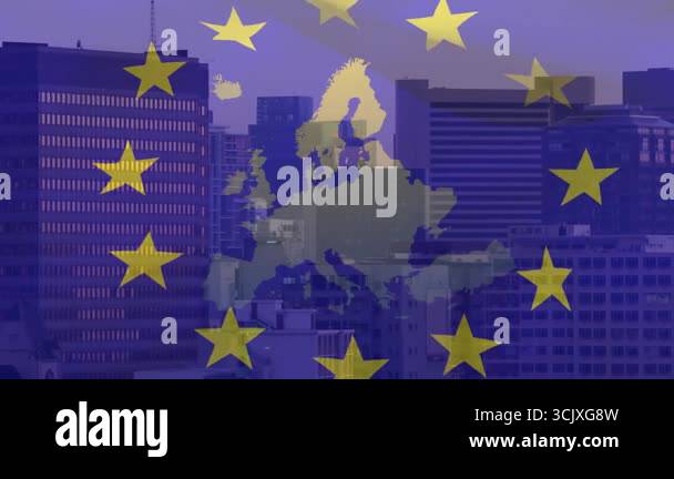Scene opening showing dusk skyline initiating EU overlay appearing to ...