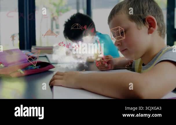 Two boys concentrating on writing by window, sparking math diagrams ...