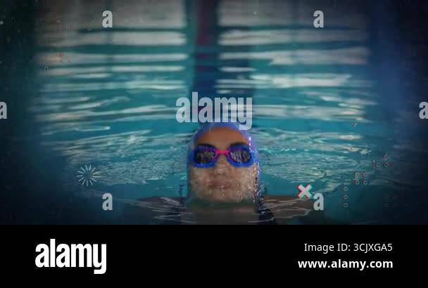 Swimmer rising from pool water and taking breath with glitch graphics ...