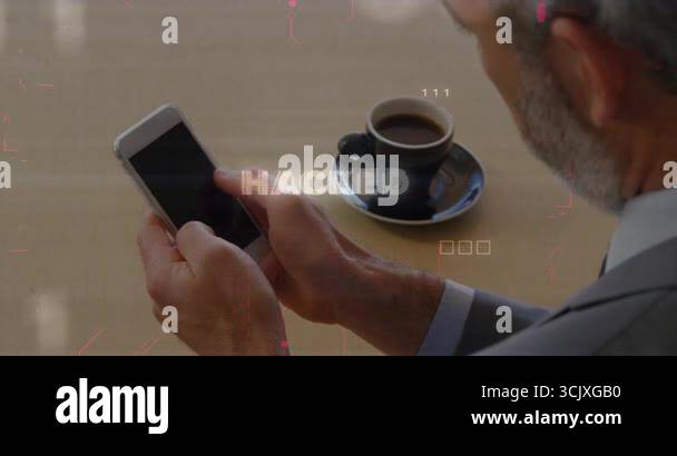 Senior man tapping smartphone unlocking app while hacking tech circuits ...