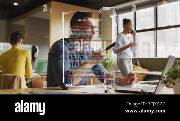 Tech worker tapping smartphone and collecting data with glitching code ...