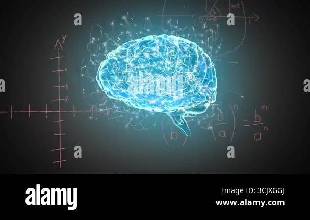 Animation of dots around illuminated human brain over mathematical ...