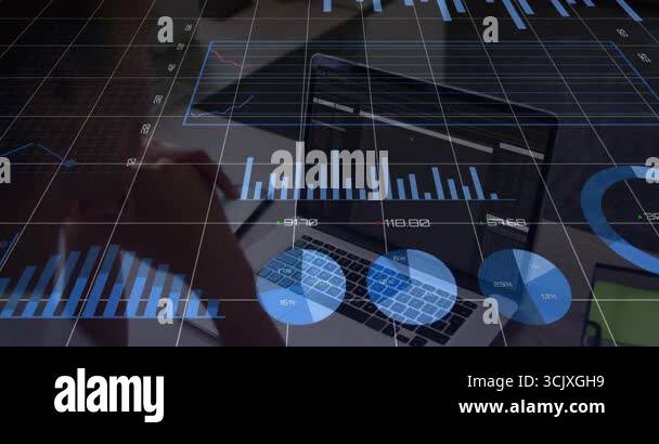 female analyst gauging business data as bar graph appearing, line chart ...
