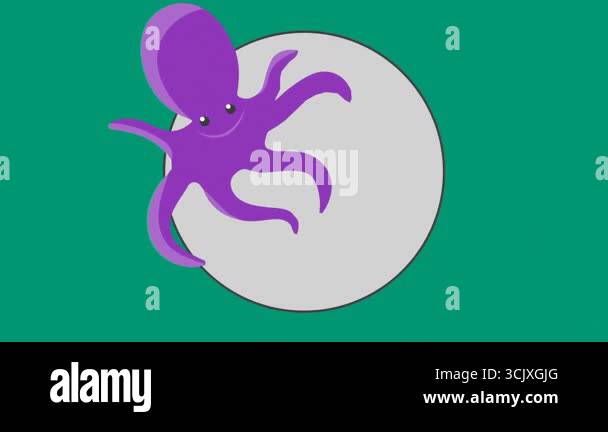 Animation of purple octopus moving in white circle on green background ...