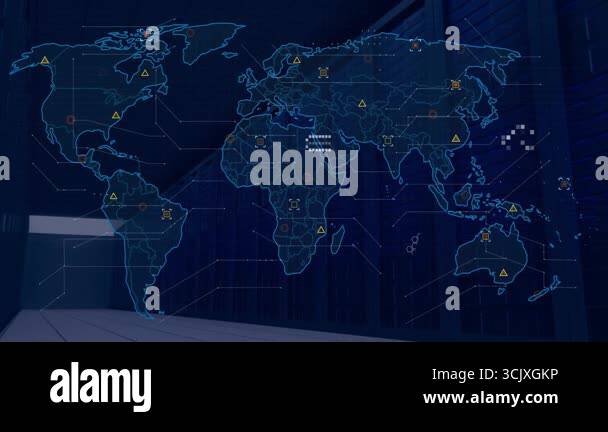 Animation of world map and digital data processing over computer ...