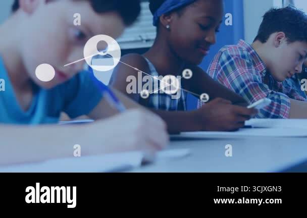 Children writing and glancing phone initiating network connecting icons for classroom ...