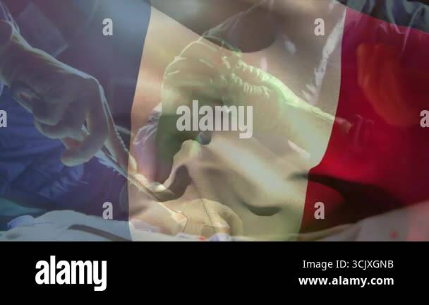 transparent French flag overlay fading in surgery, surgeon incising, assistant retracting tissue ...