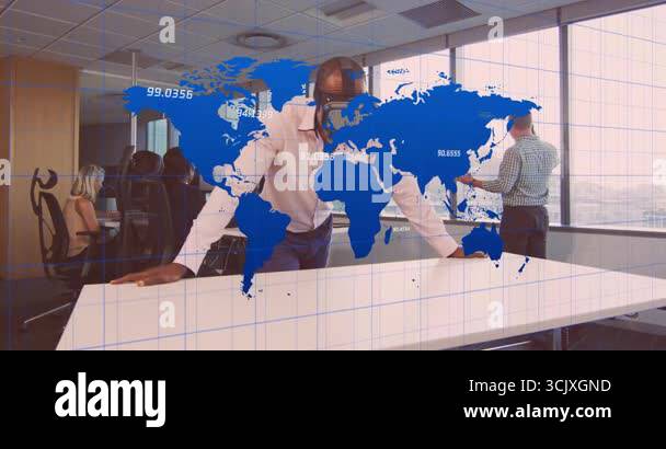 World map overlay appearing over business meeting, team consulting data ...