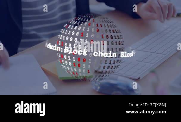 Mid-adult woman typing keyboard triggers semi-transparent blockchain ...