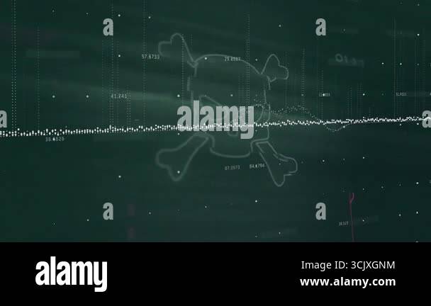 Opening cyber sequence showing skull emerging behind dots and data bars ...