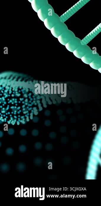Animation of dna strands spinning with copy space over black background. Global science ...