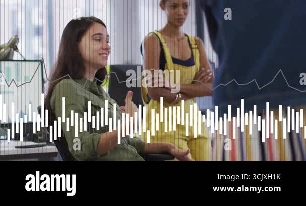 Seated woman responding to colleague question and gesturing in business ...