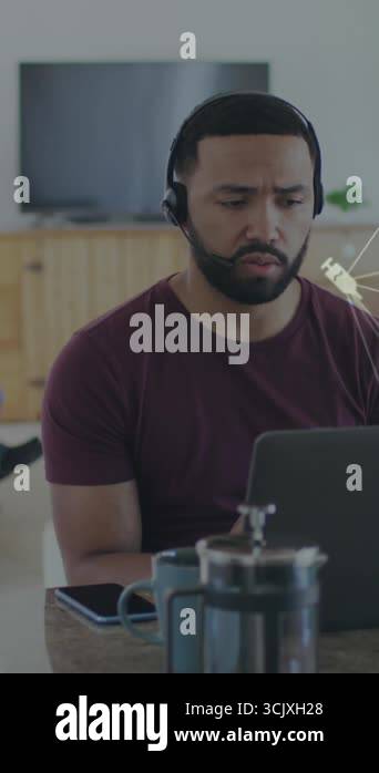 Animation of network of connections over man using laptop. global ...