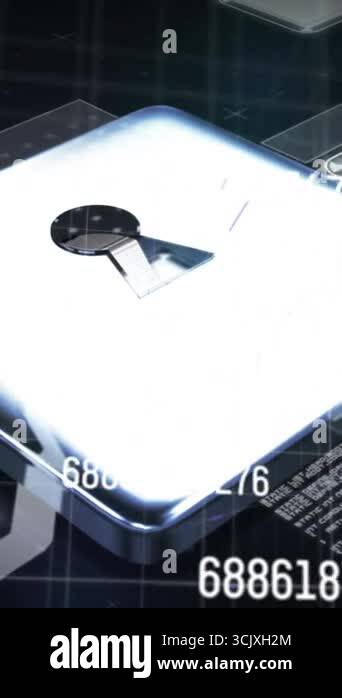 Animation of numbers changing with online security padlock over data processing on grid. global ...