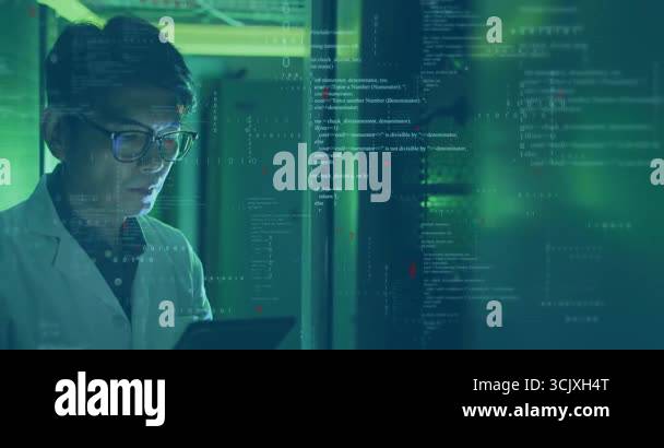 Research engineer swiping tablet and initiating code projection on pane for server verification ...