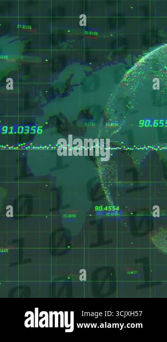 Multiple changing numbers floating over spinning globe and world map against binary coding ...
