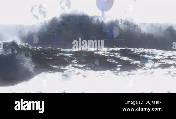 Incoming ocean swell building crest, curling and breaking with foam ...