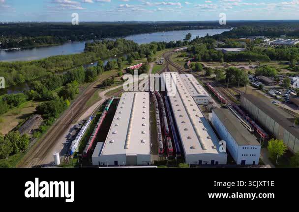 Aerial view of Hennigsdorf railway factory train depot overlooking the ...