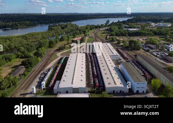 Aerial view of Hennigsdorf railway factory train depot overlooking the ...