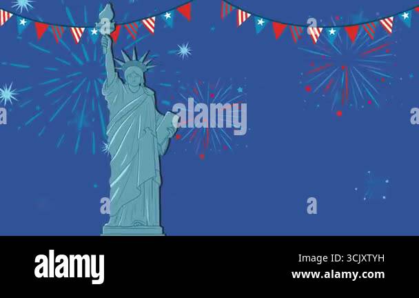 Animated sequence with Statue of Liberty, fireworks, and festive ...