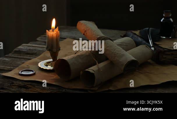 Old rolled scrolls and burning candle on wooden table, closeup Stock ...