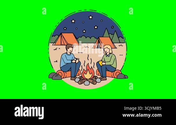 Campfire scene with couple outdoors animated size change loop for ...