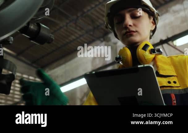 Caucasian technician woman beautiful wearing safety helmet earmuffs ...