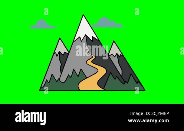Cartoon vector mountain landscape with snowy peaks, winding golden road ...