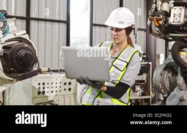 Female robot engineer holding laptop walks inspect robot hydraulic TIG ...