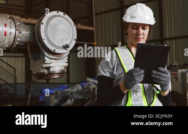 Female robot engineer holding laptop walks inspect robot hydraulic TIG ...