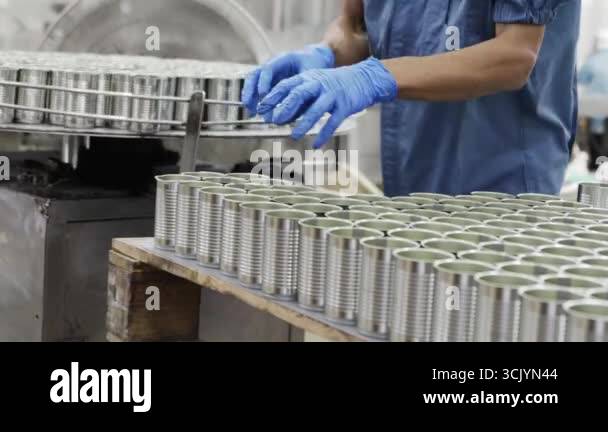 Male worker selects empty cans and places them on pallets to be moved ...
