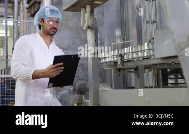 Large factory production line supervisor checks the production quality ...