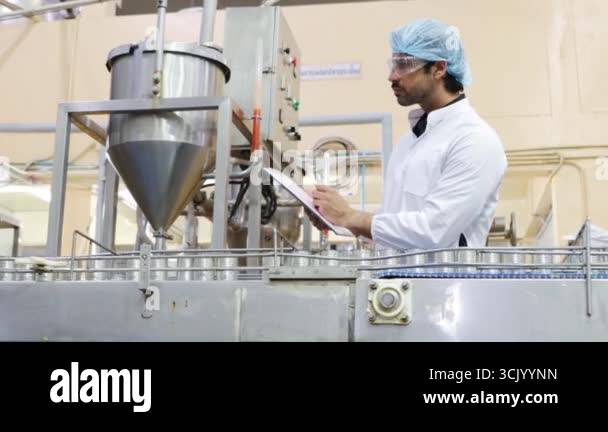 Large factory production line supervisor checks the production quality ...