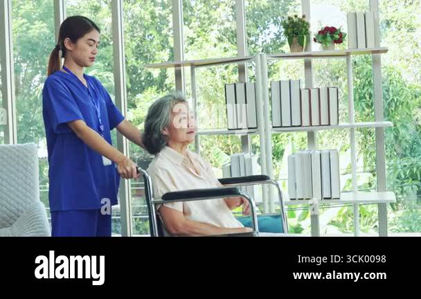 Female nurse is taking care of an elderly sick woman in a wheelchair in ...