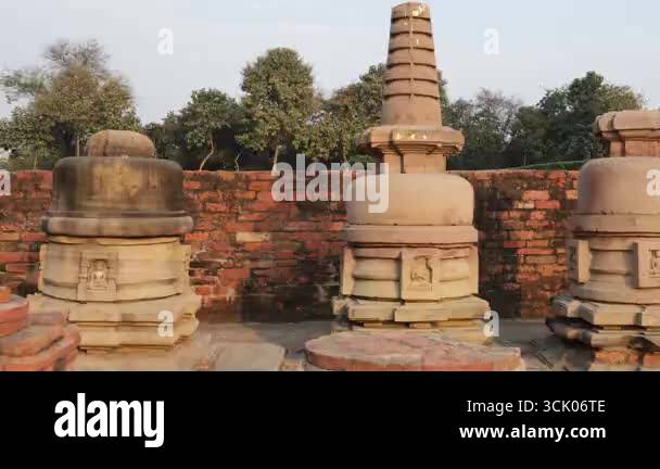 excavated ancient stupa at sarnath buddhist ruins in daylight at ...