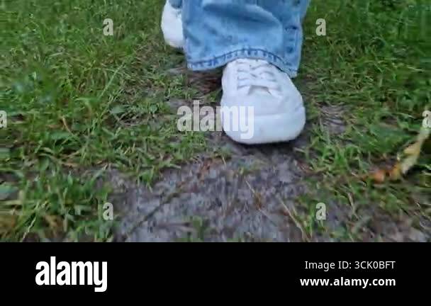 Close-up of female legs in white sneakers walking through the forest ...