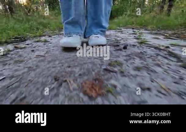Close-up of female legs in white sneakers walking through the forest ...