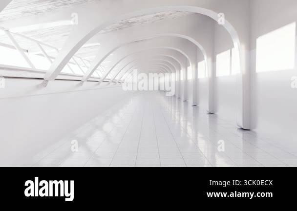 3d animation of futuristic white corridor with curved beams, tiled ...