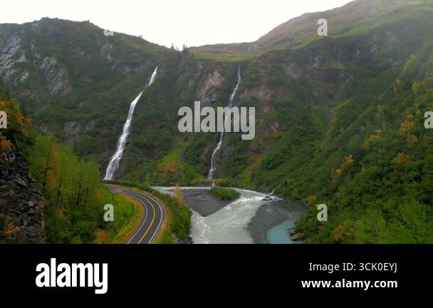 Scenic view of Glacial waterfalls along Richardson Highway near Valdez ...