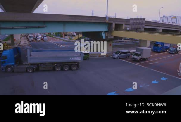 A footage of traffic jam at the downtown crossing under the overpass ...