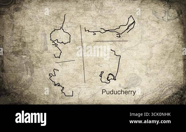 Puducherry map drawn on a cartography background sheet of paper Stock ...