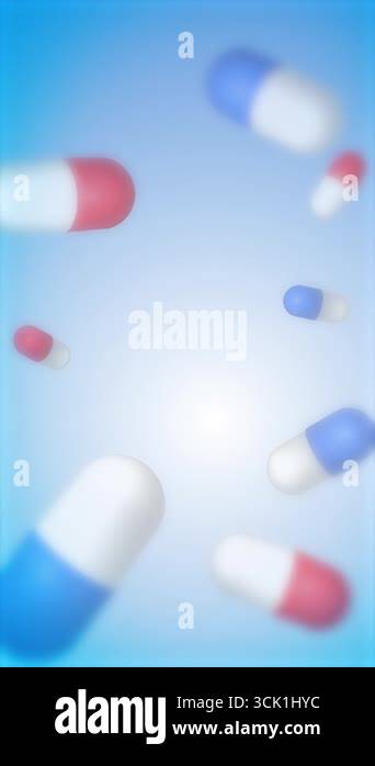 Medical frame with flying and rotating 3D pharmacological red and blue ...