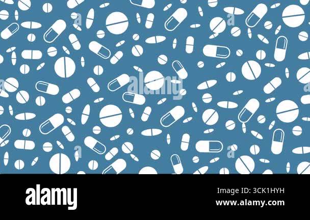 Blue background with flat drawn icons of medical capsules, pills of different sizes and shapes ...